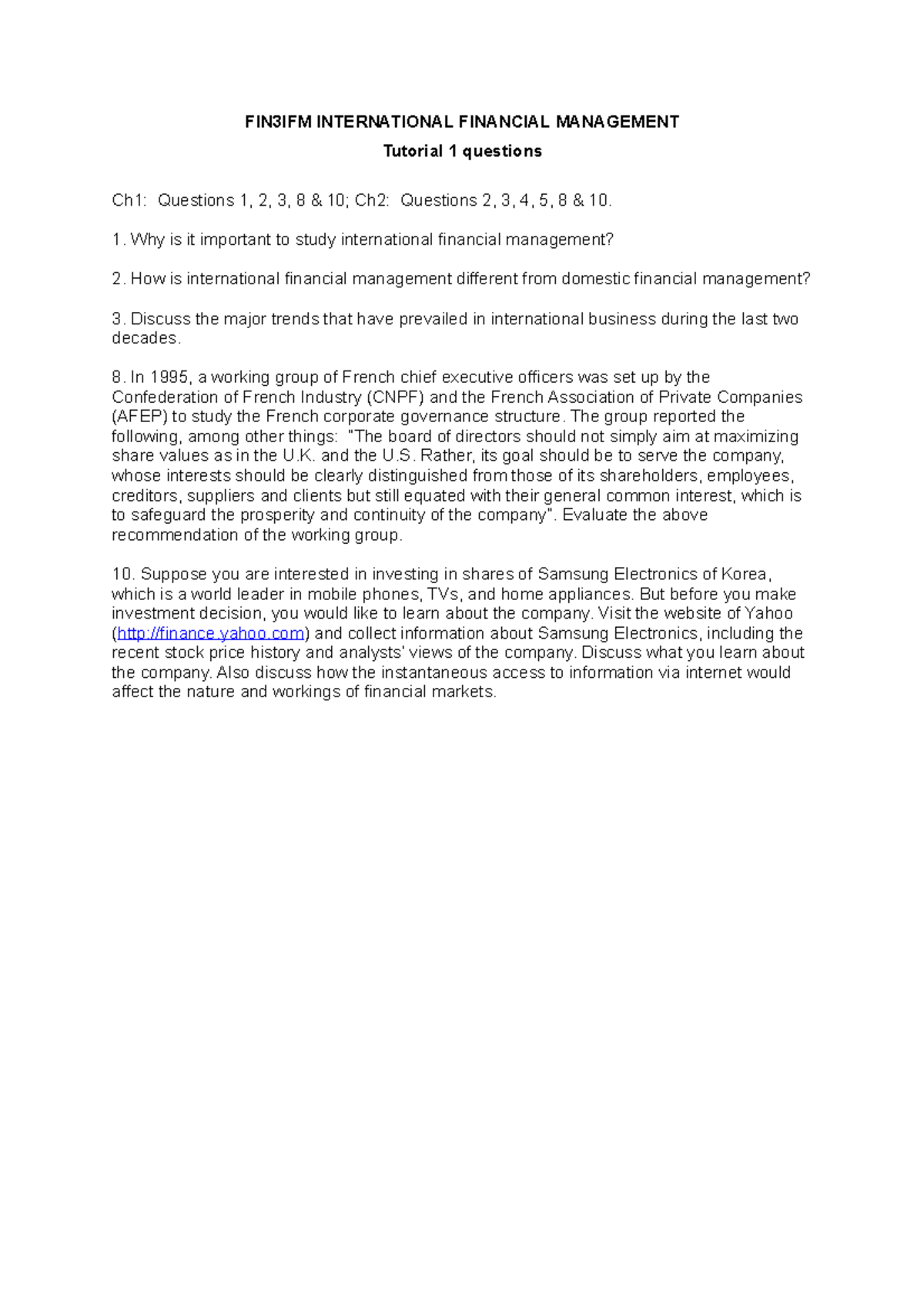 FIN3IFM T1-Questions - FIN3IFM INTERNATIONAL FINANCIAL MANAGEMENT ...