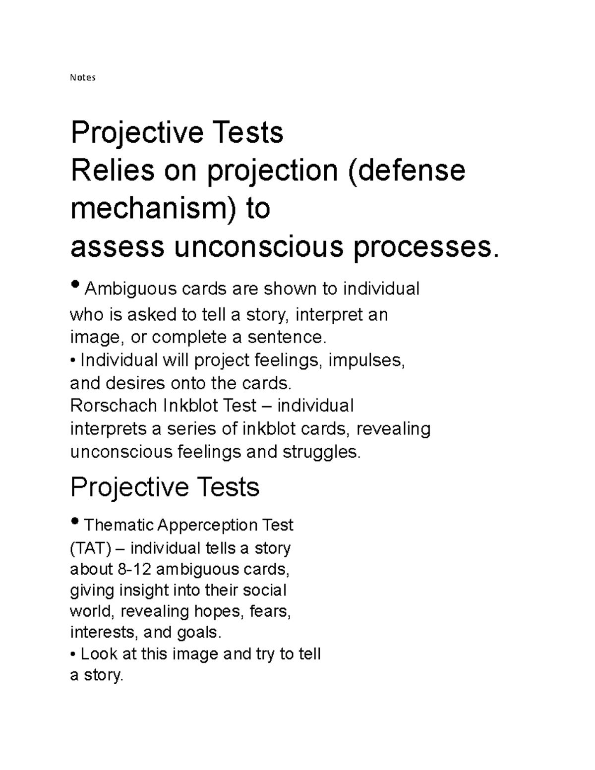 Document 79 - mental health - Notes Projective Tests Relies on ...