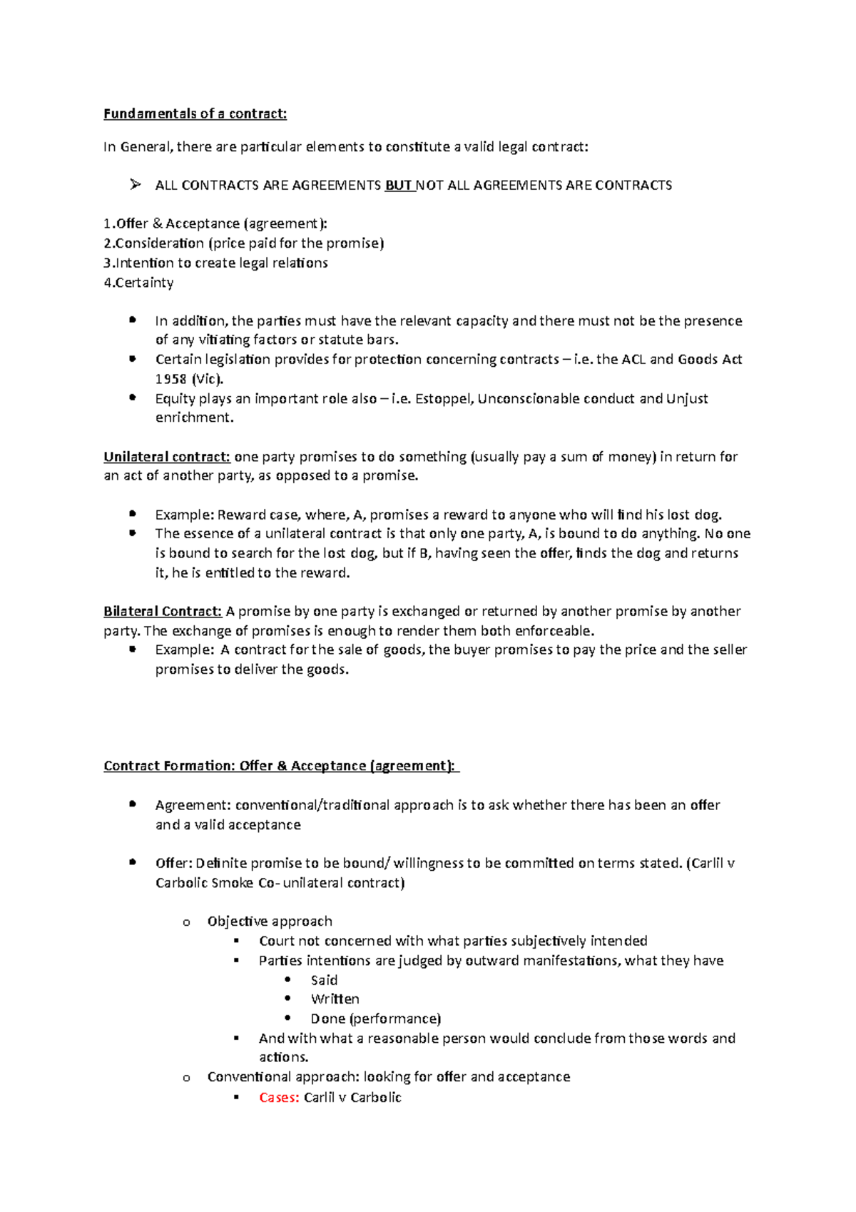 Exam notes - Fundamentals of a contract: In General, there are ...