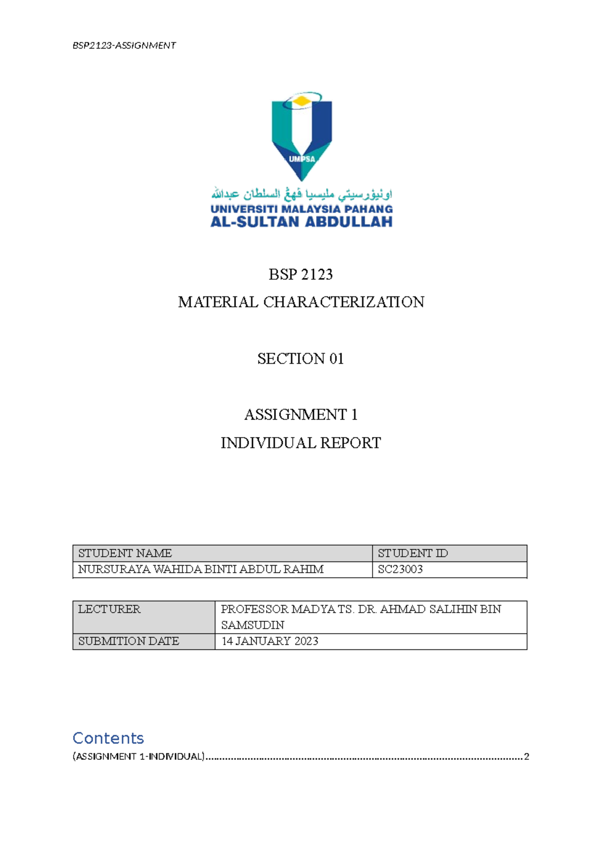 Assignment BSP 2123 - BSP 2123 MATERIAL CHARACTERIZATION SECTION 01 ASSIGNMENT 1 INDIVIDUAL ...