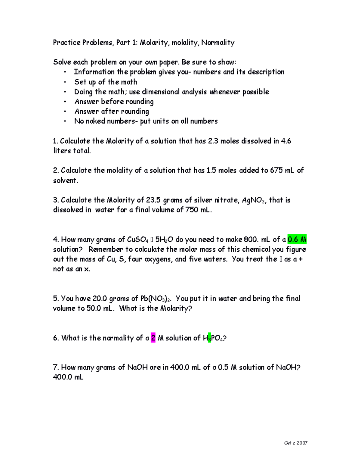 Concentration 3 Students - Practice Problems, Part 1: Molarity, molality, Normality Solve each ...