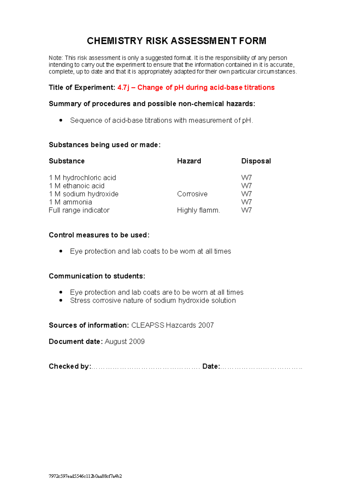 Chemistry RISK Assessment FORM - 4 - CHEMISTRY RISK ASSESSMENT FORM ...