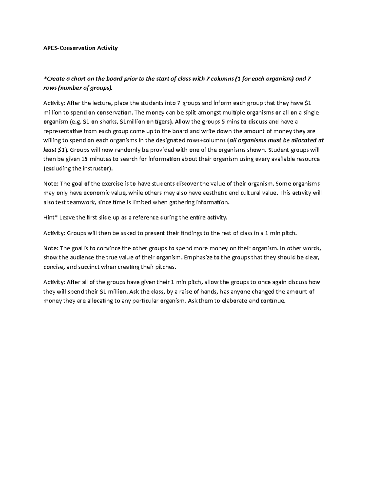 Apes-conservation-lab - APES-Conservation Activity *Create a chart on ...