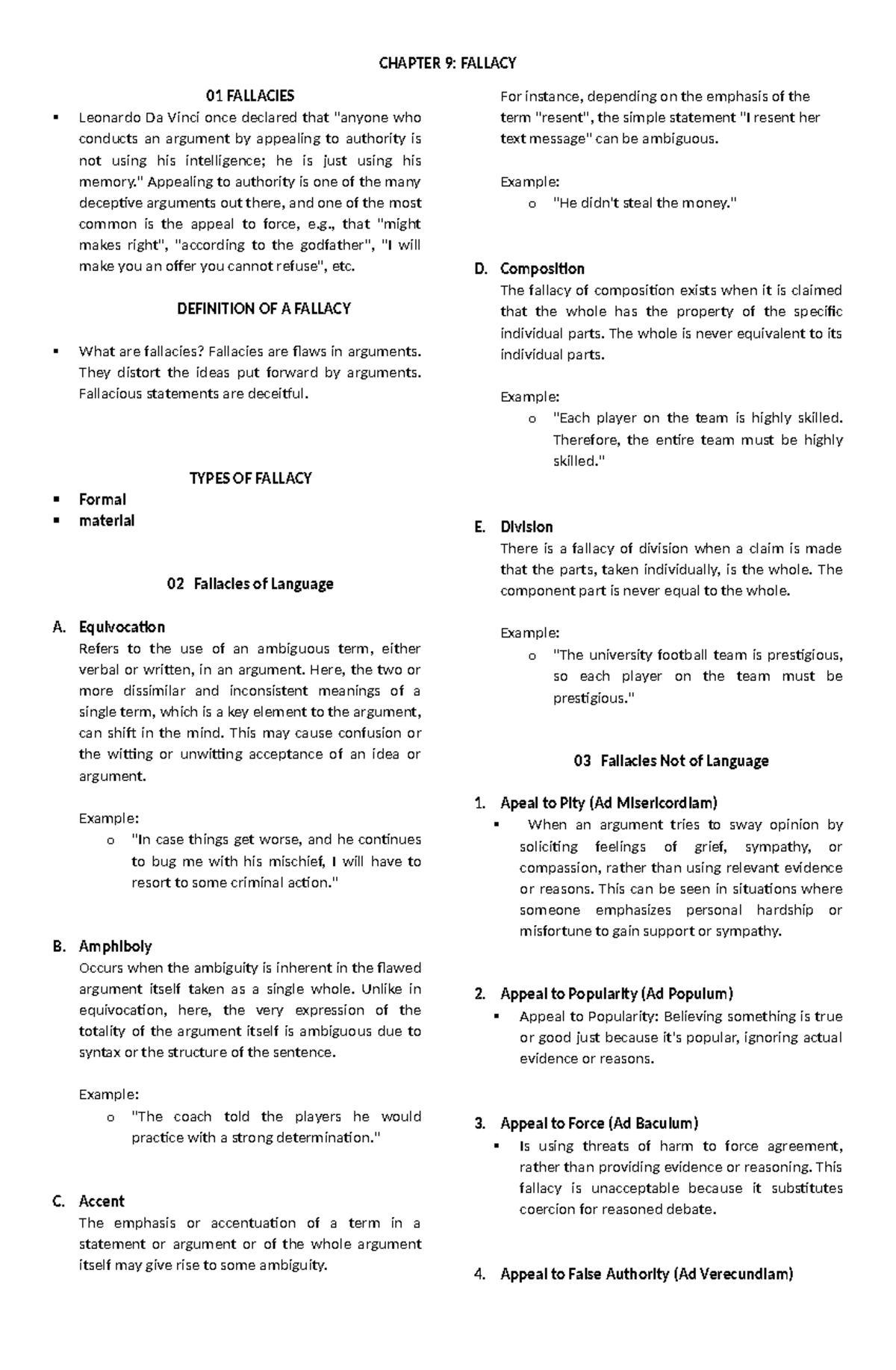 Chapter 9 Fallacy - Logic - CHAPTER 9: FALLACY 01 FALLACIES Leonardo Da ...