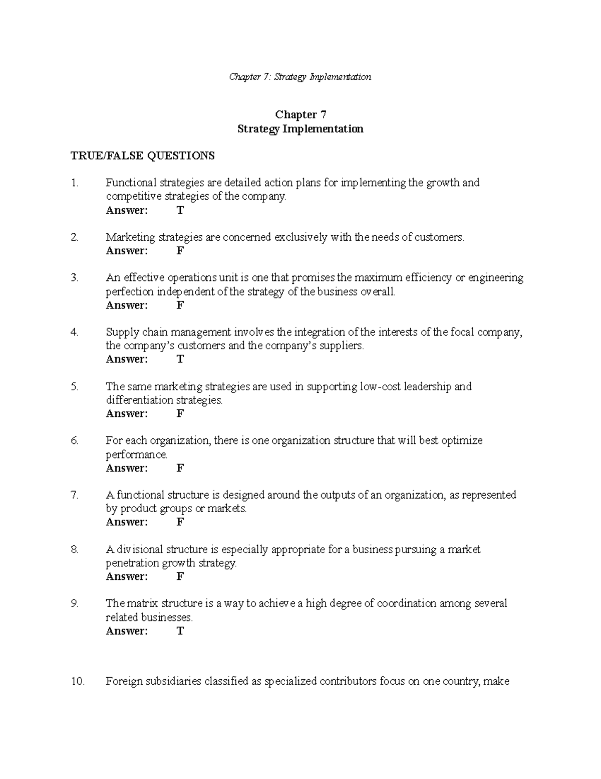 Chapter 7 and 8 - Chapter 7: Strategy Implementation Chapter 7 Strategy ...