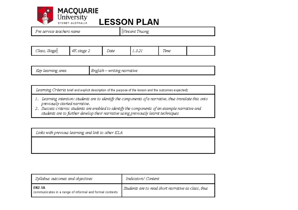 class lesson plans - LESSON PLAN Pre service teachers name Vincent ...
