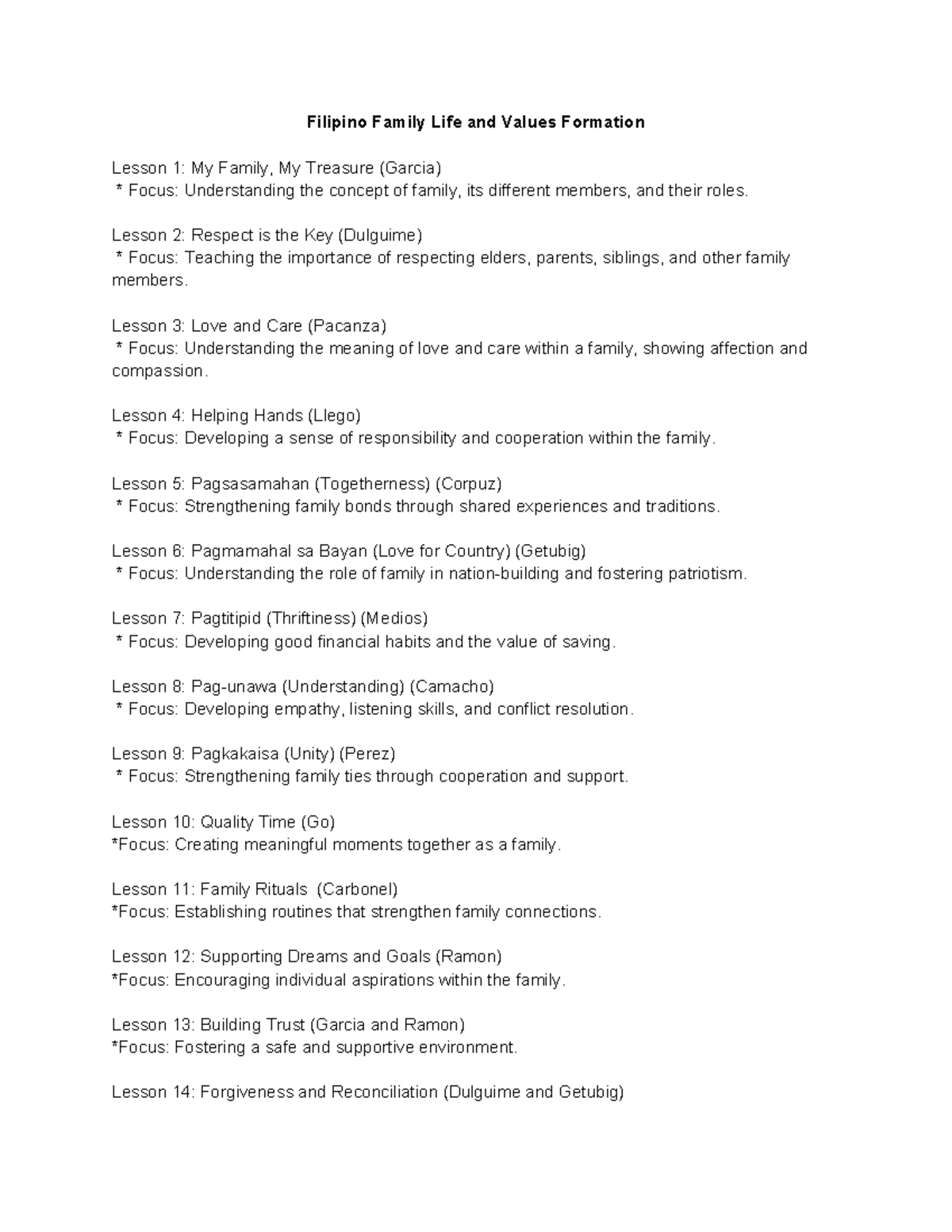 Schedule - None - Filipino Family Life and Values Formation Lesson 1 ...