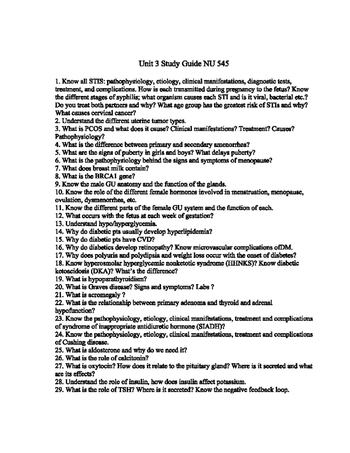 Unit 3 study guide fall 2020 1 - NU 545 - Studocu