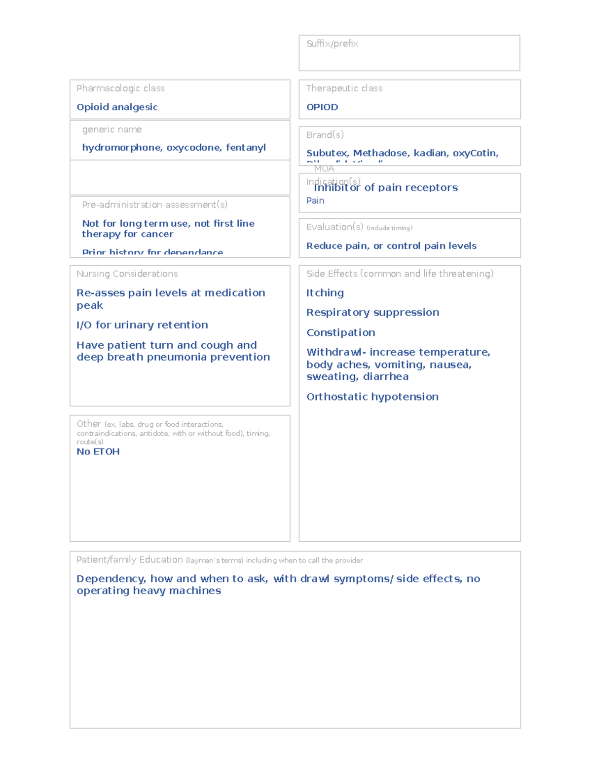 Opioid Medication sheet - generic name hydromorphone, oxycodone ...