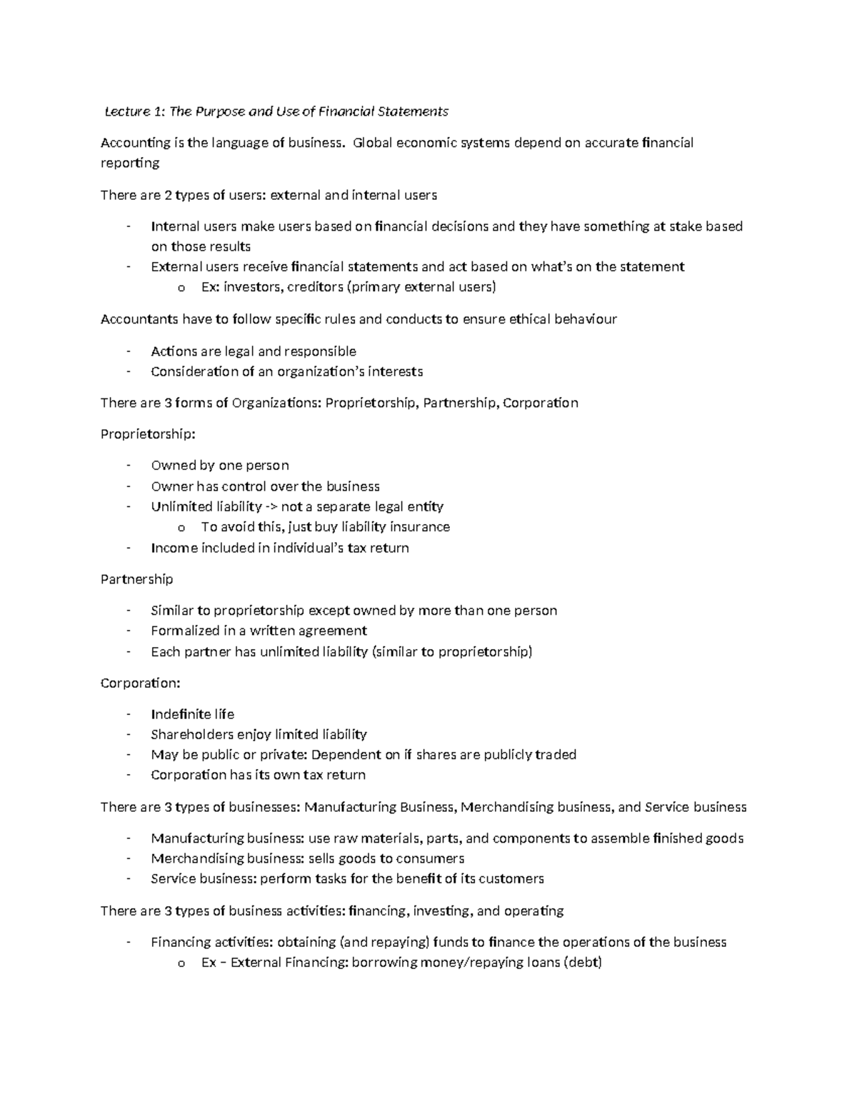 Accouting and FInance Lecture Notes - Lecture 1: The Purpose and Use of ...