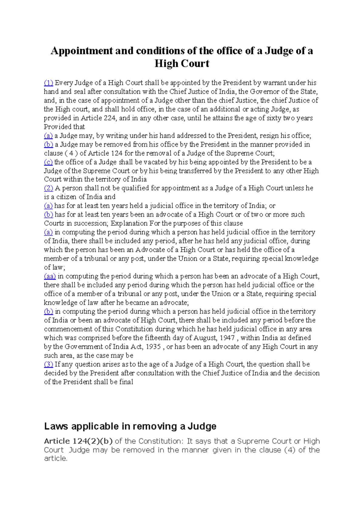 Appointment AND Removal OF Judges OF HIGH Court - Appointment and ...