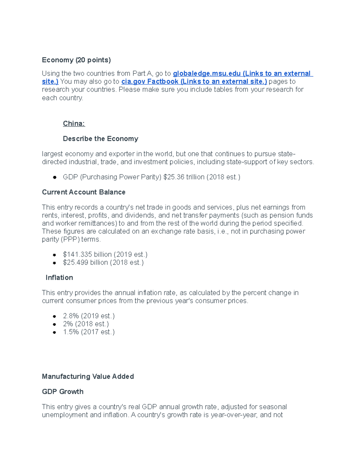 Country Project Part C - Economy (20 points) Using the two countries ...