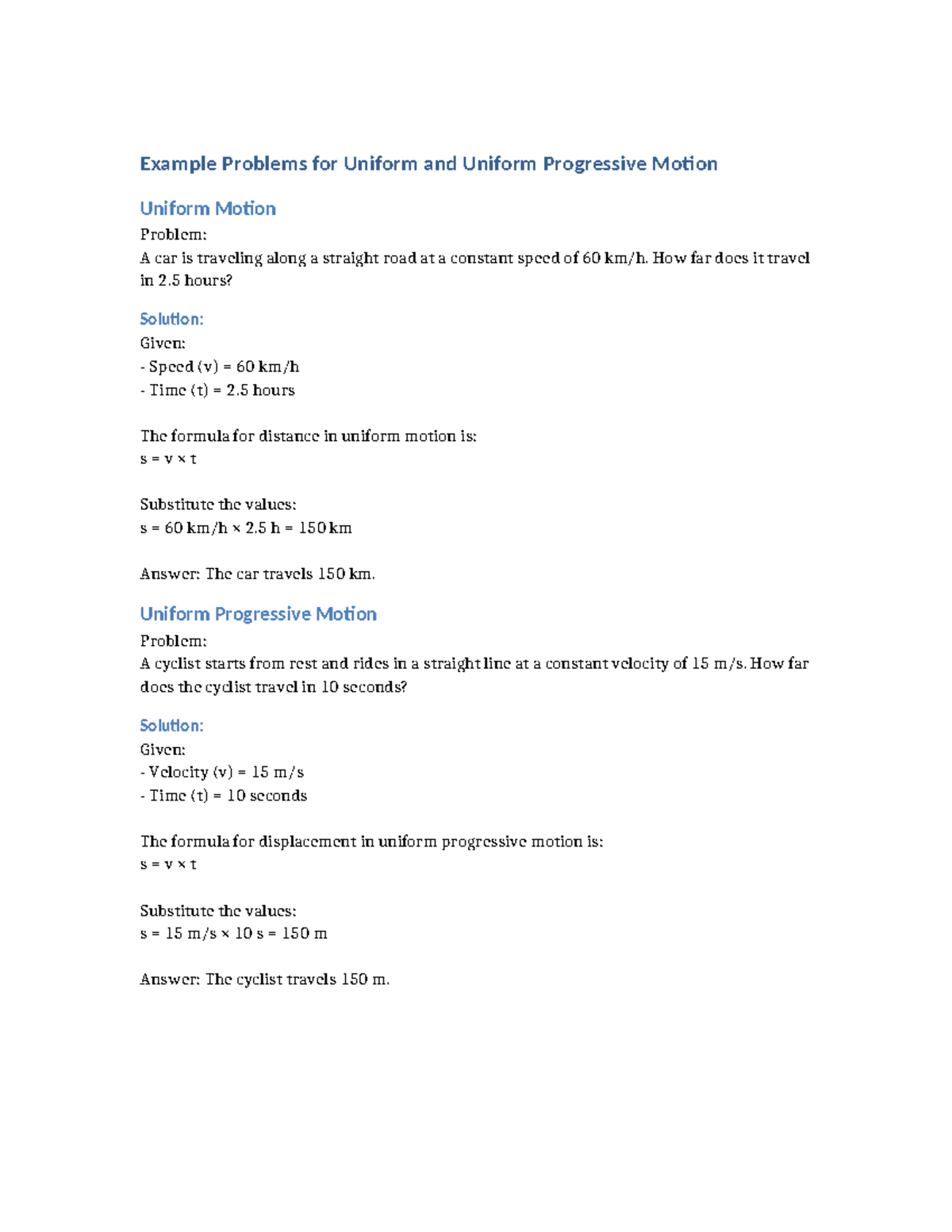 Uniform Motion Examples - Example Problems for Uniform and Uniform ...
