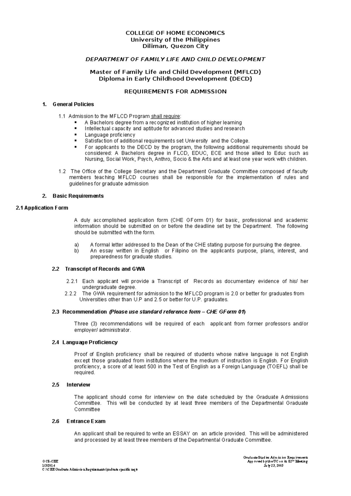 Mflcd DECD REQS 1 - Guide - COLLEGE OF HOME ECONOMICS University of the ...