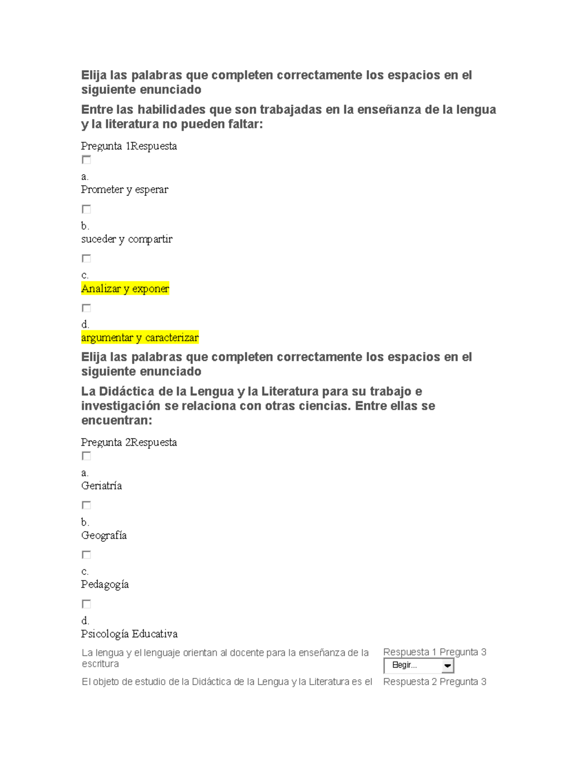 Cuestion 1 y 2 didactica - Elija las palabras que completen ...