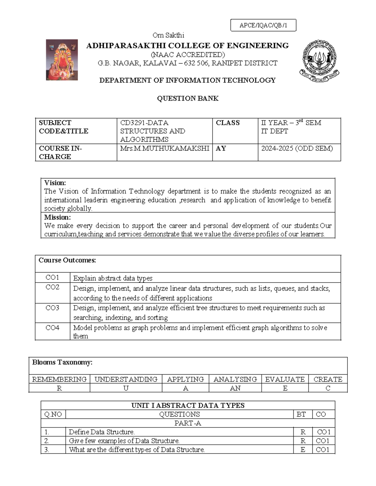 Question Bank dsa - Om Sakthi ADHIPARASAKTHI COLLEGE OF ENGINEERING ...