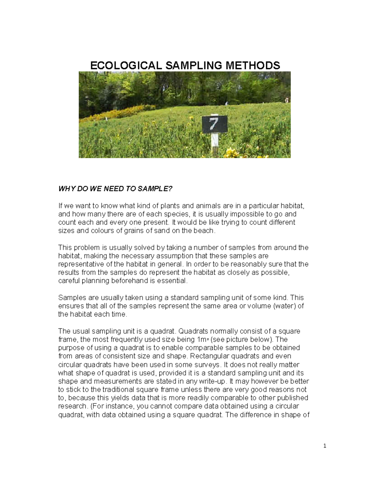 Ecological Field Studies - ECOLOGICAL SAMPLING METHODS WHY DO WE NEED ...