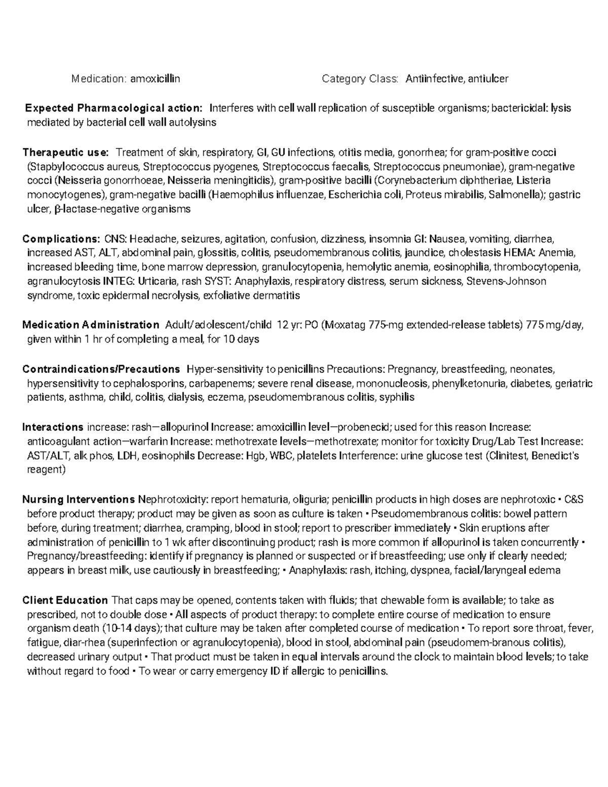 Amoxicillian - drug cards - Medication: amoxicillin Category Class ...