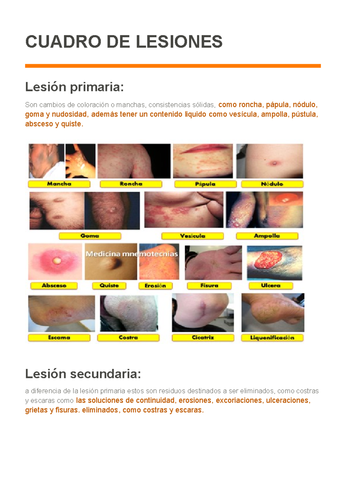 Cuadro DE Lesiones - Cuando sinóptico de lesión dermatológicas - CUADRO ...