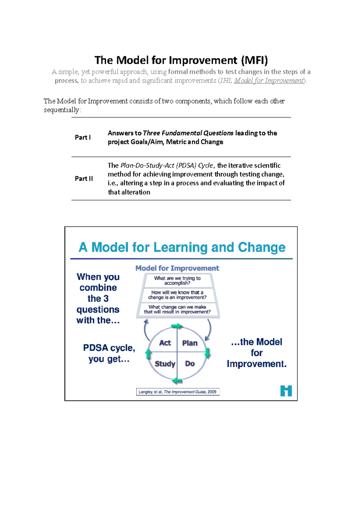 The Model for Improvement handout (MFI) - The Model for Improvement ...