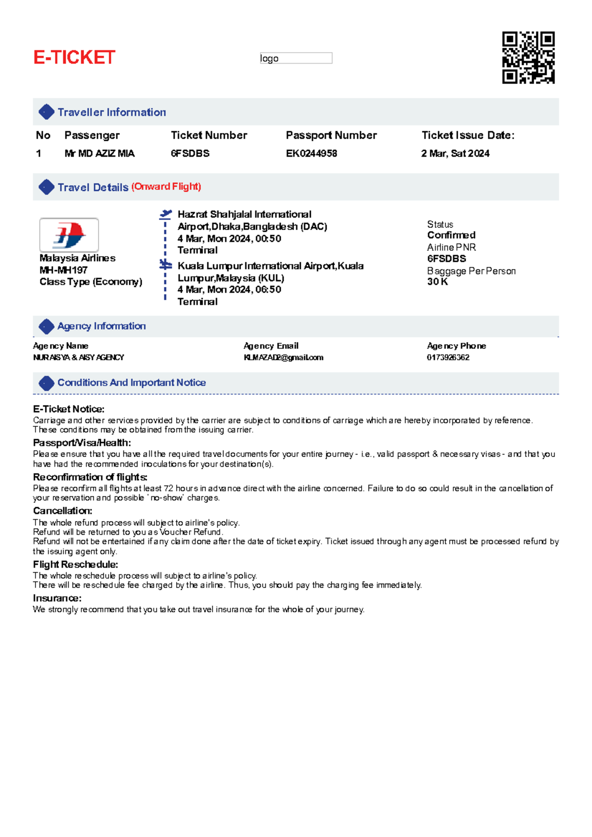 ETKT-6 Fsdbs - E-TICKET logo No Passenger Ticket Number Passport Number ...