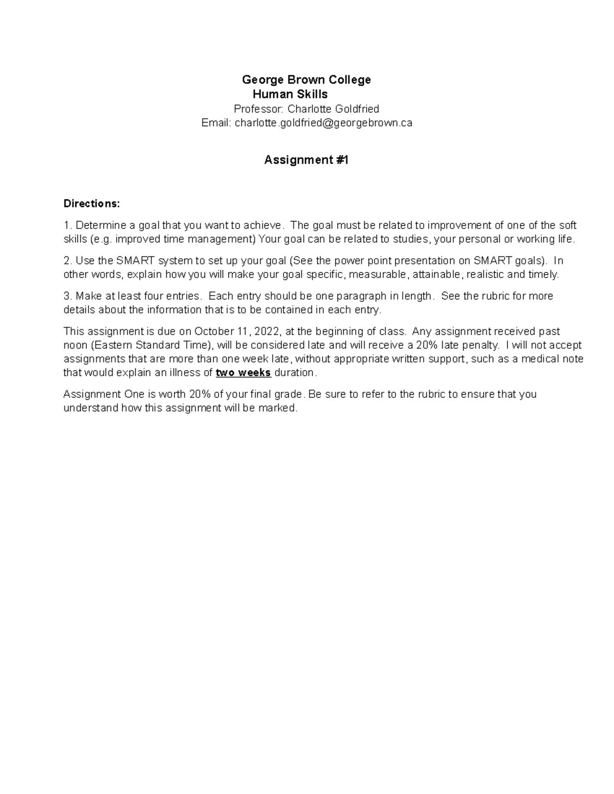 Human Skills - Assignment One - Fall, 2022 - George Brown College Human ...