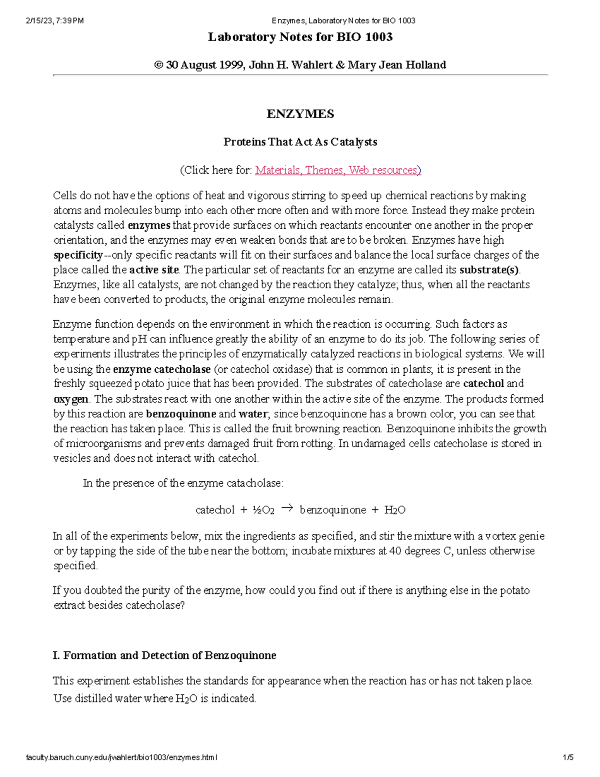 Enzymes, Laboratory Notes for BIO 1003 - Laboratory Notes for BIO 1003 ...