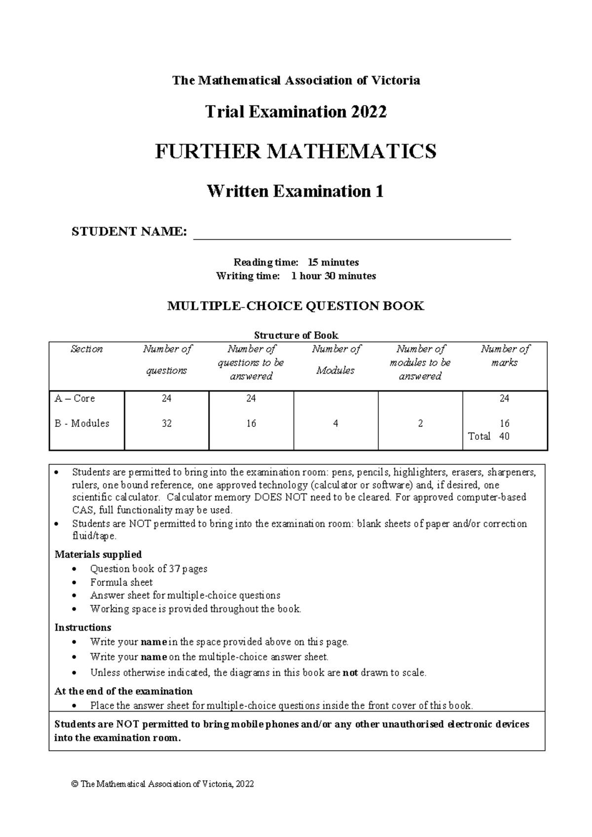 2022 MAV Further Maths Trial Exam 1 - The Mathematical Association of ...