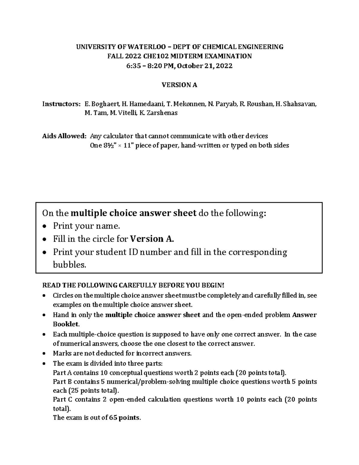 F2022 Midterm - Final exam - UNIVERSITY OF WATERLOO – DEPT OF CHEMICAL ...
