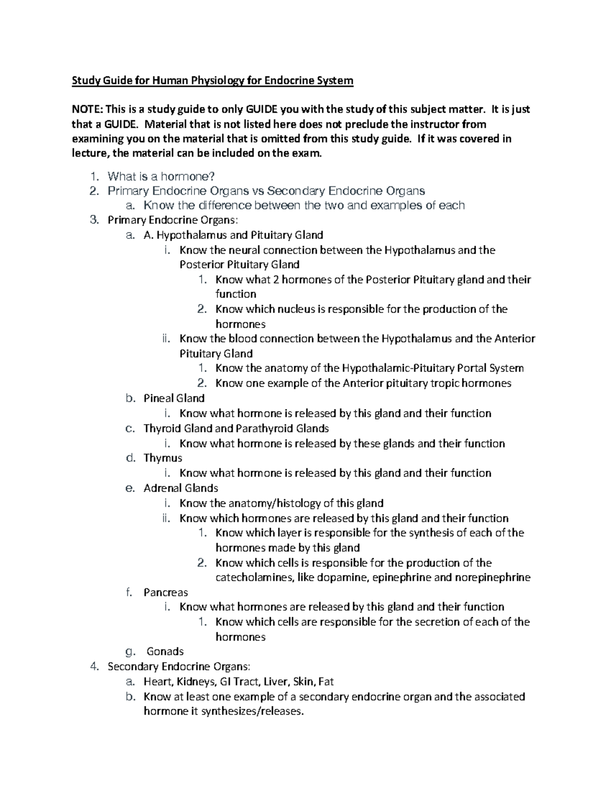 Study Guide for Human Physiology for Endocrine System - Study Guide for ...