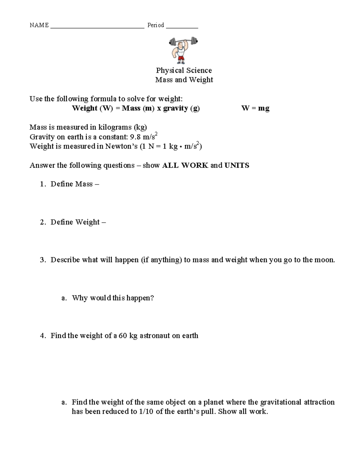 Mass weight gravity ws 1 - NAME _____________________________ Period ...