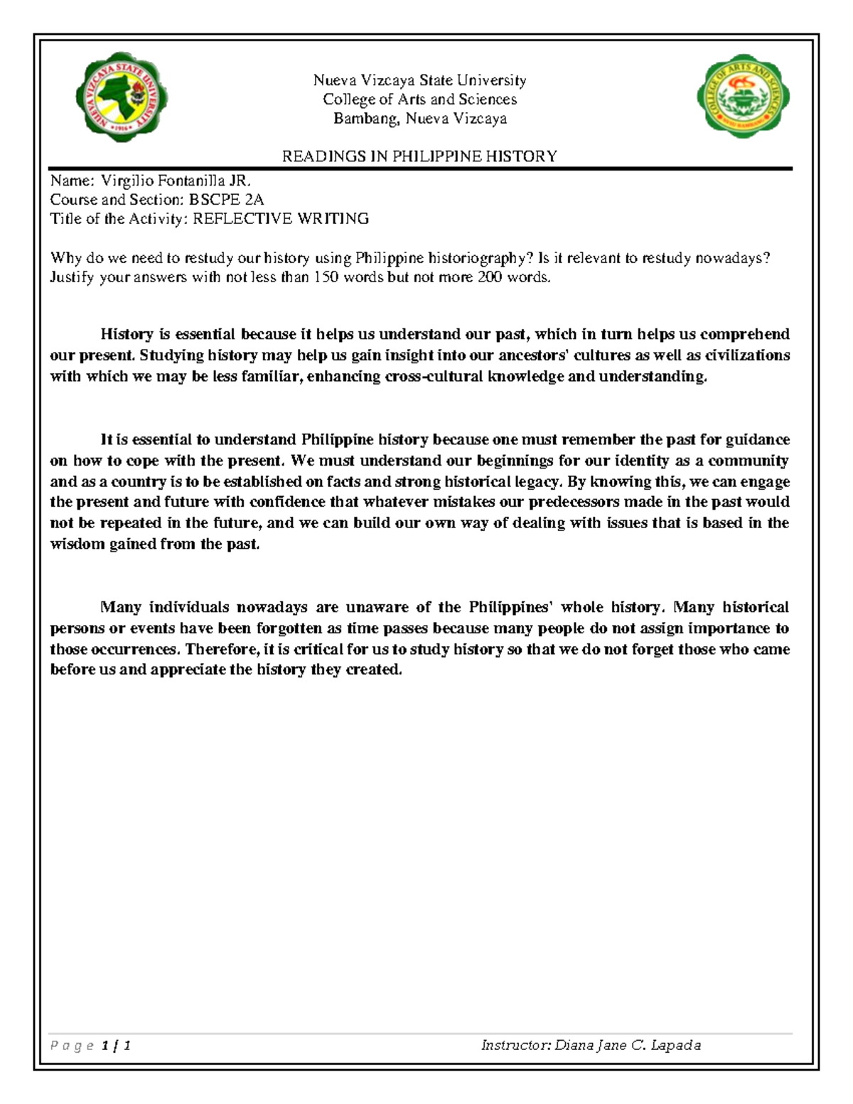 RPH- Reflective- Writing - P a g e 1 | 1 Instructor: Diana Jane C ...