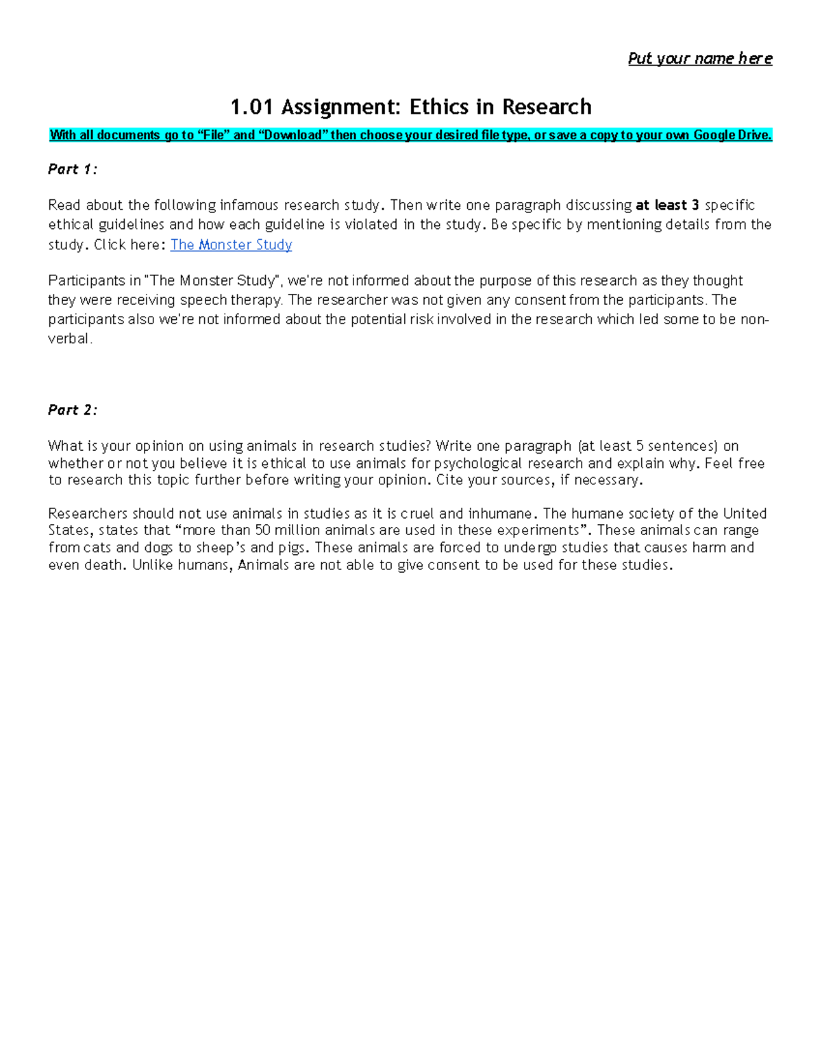 psychology 1.01 - Put your name here 1 Assignment: Ethics in Research ...