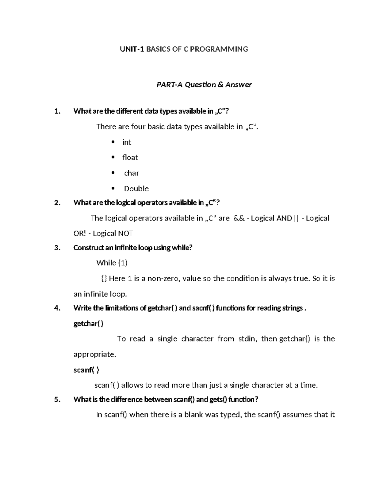 UNIT - UNIT-1 BASICS OF C PROGRAMMING PART-A Question & Answer What are the different data types ...