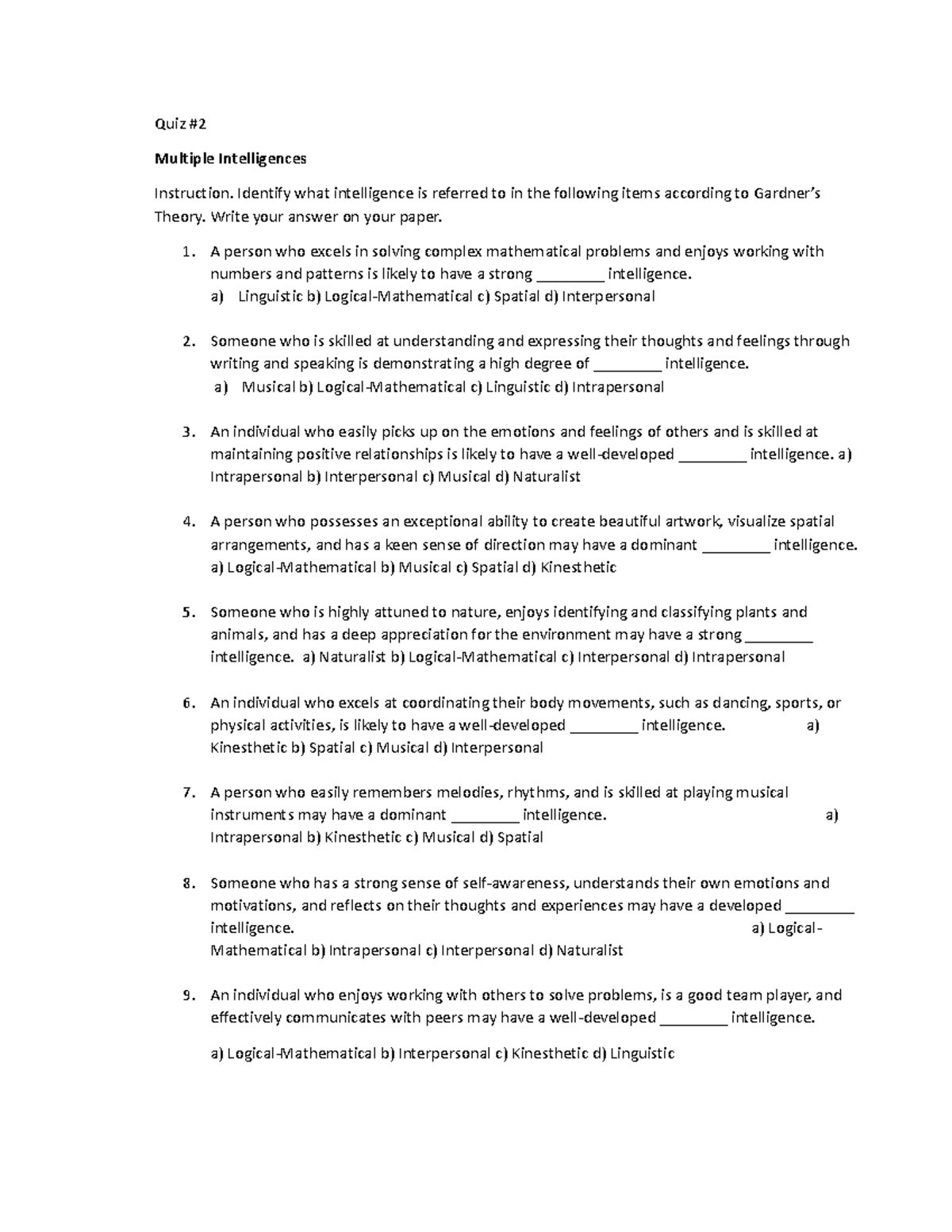 Quiz - FOR COLLEGE - Quiz # Multiple Intelligences Instruction ...
