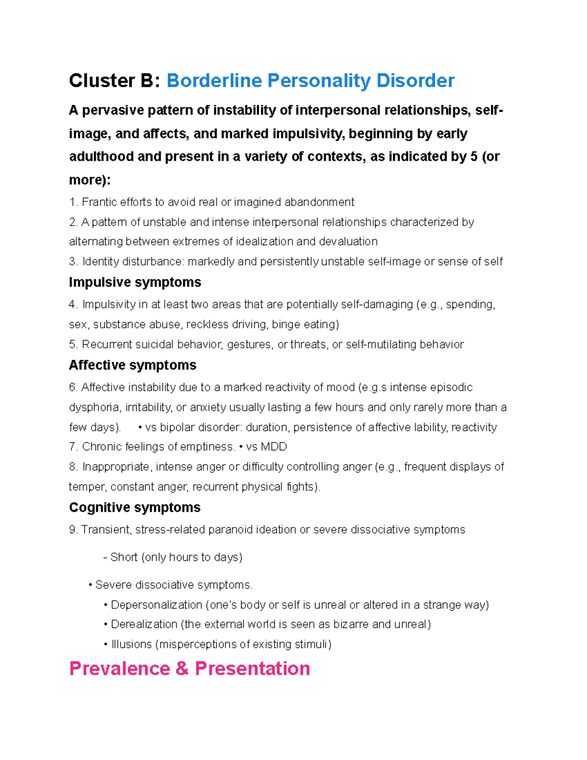 PSY 240 Final notes - Cluster B: Borderline Personality Disorder A ...
