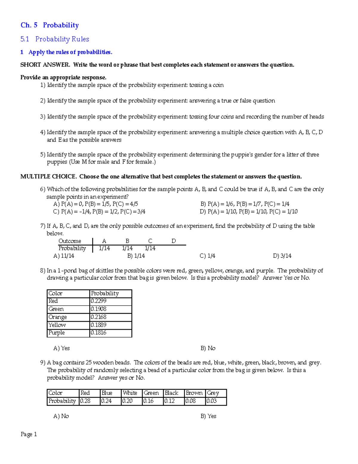 SOLUTION TEST # 3 - Ch. 5 Probability 5 Probability Rules 1 Apply the ...