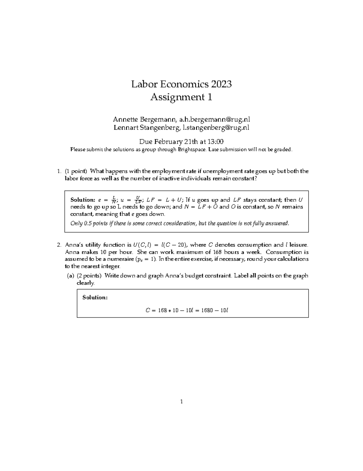 Assignment 1 Solutions - Labor Economics 2023 Assignment 1 Annette Bergemann, a.h@rug Lennart ...
