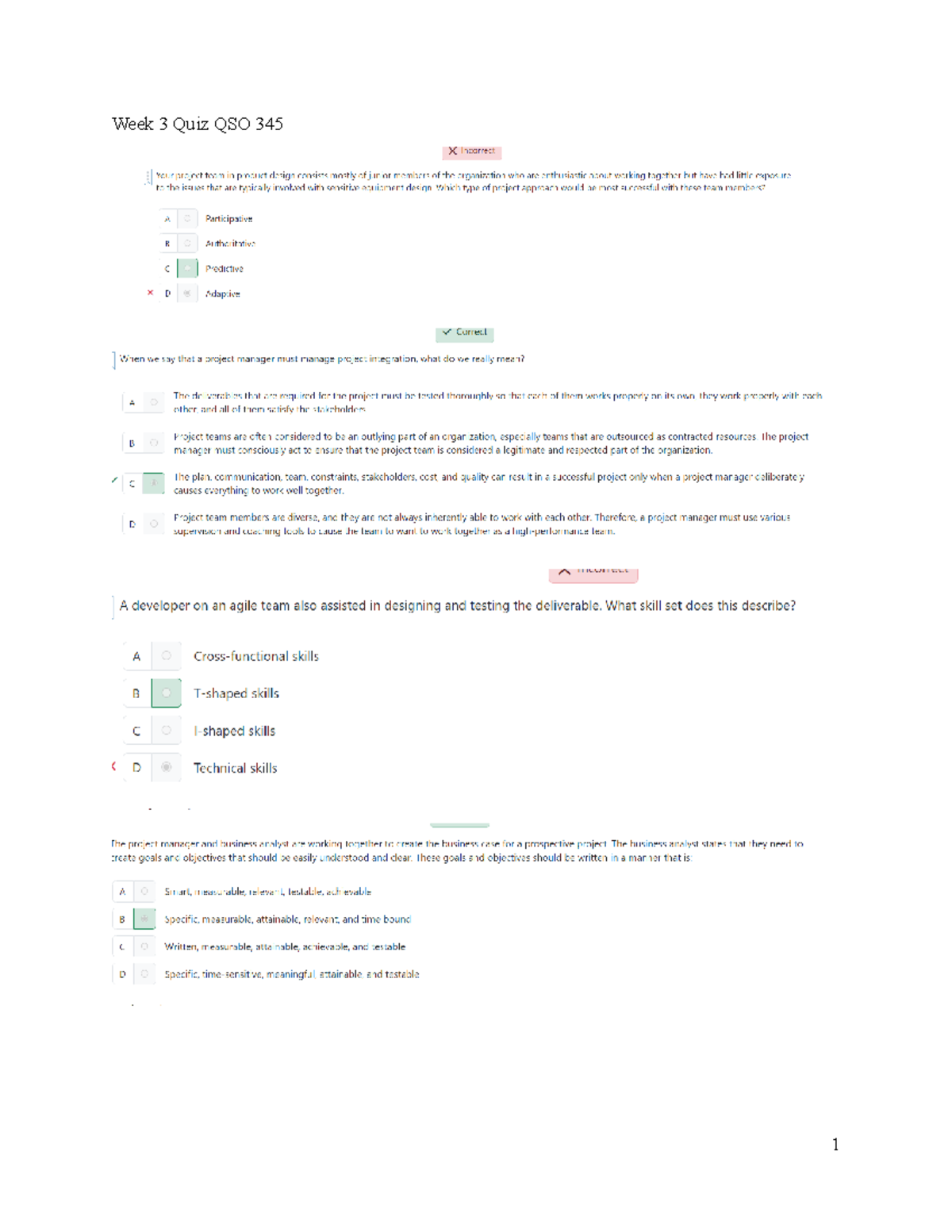 QSO 345 Quiz 3 Answers - Week 3 Quiz - Week 3 Quiz QSO 345 X Incorrect Your project team in ...