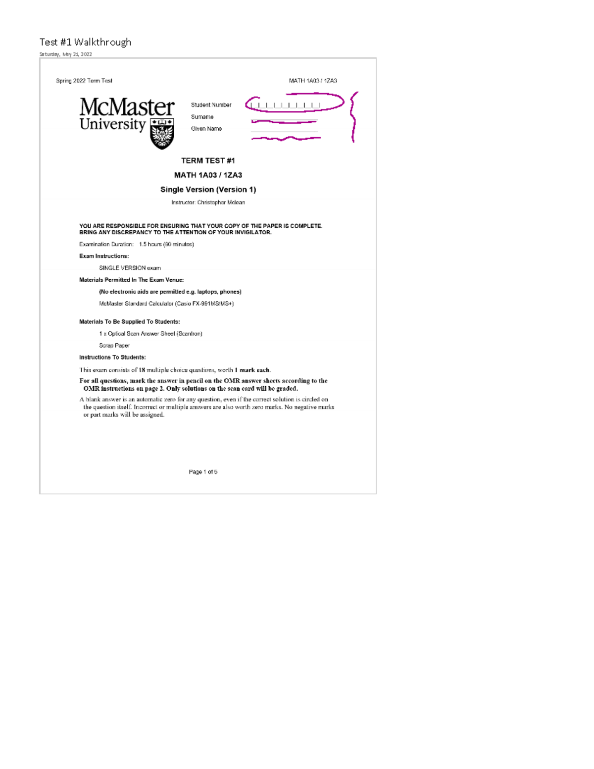 Test 1 Walkthrough 1A-1ZA - S22 - Math 1X03 - McMaster - Studocu