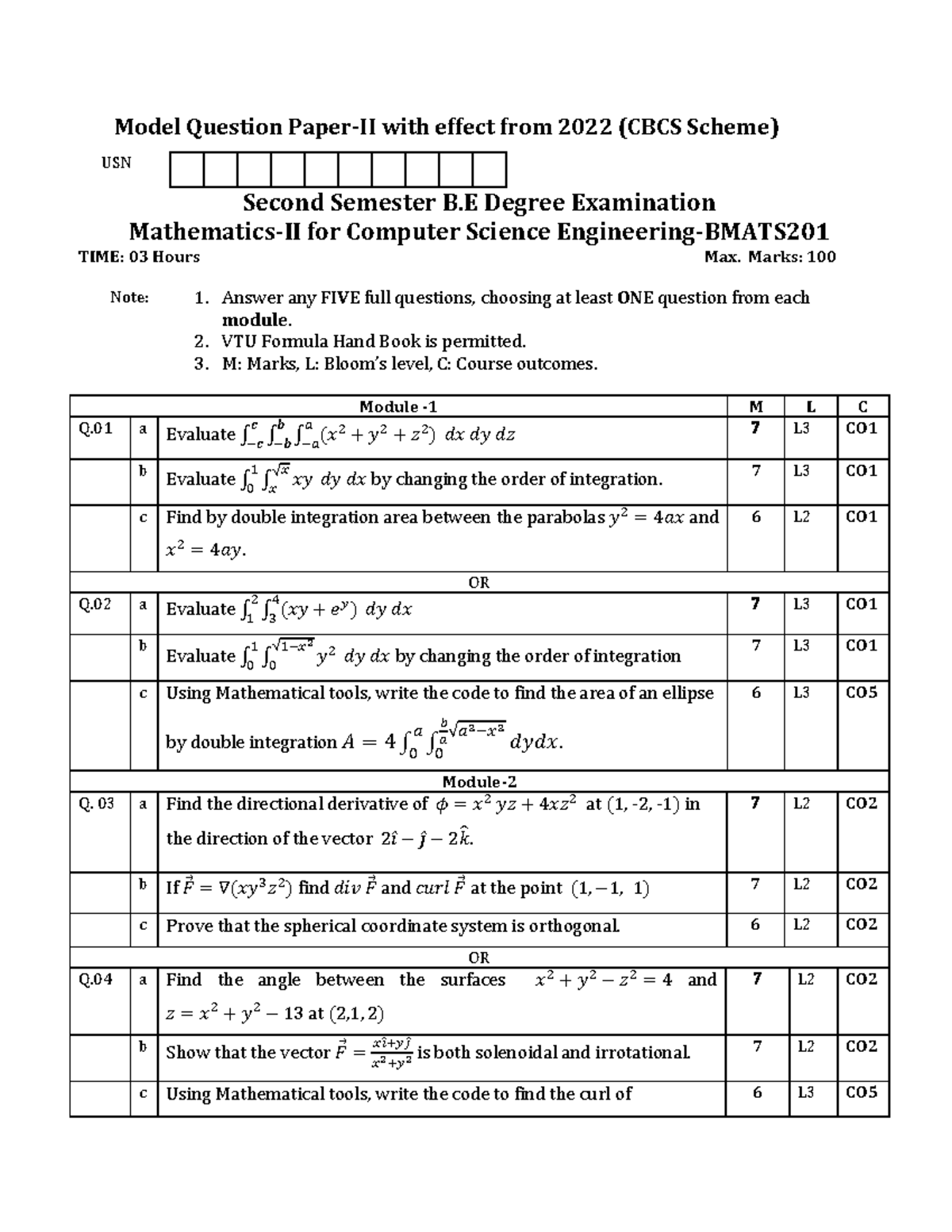 Model QP02 Bmats 201 for CS Stream - Model Question Paper-II with effect from 2022 (CBCS Scheme ...