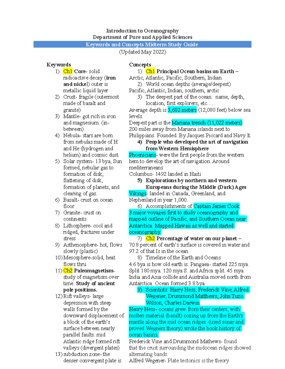 Keywords Concepts Midterm Study Guide - Introduction to Oceanography Department of Pure and ...