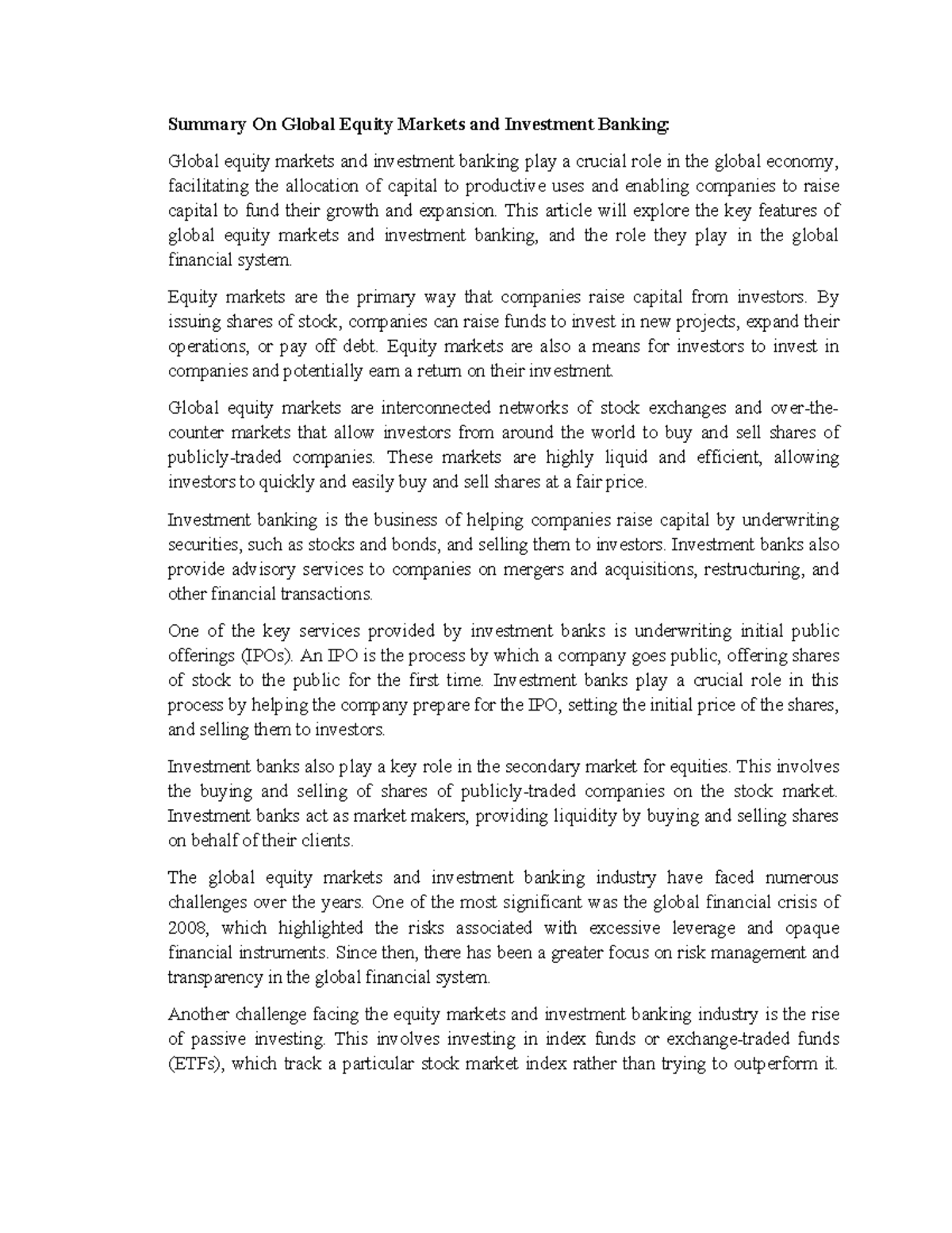 Summary On Global Equity Markets and Investment Banking - This article ...