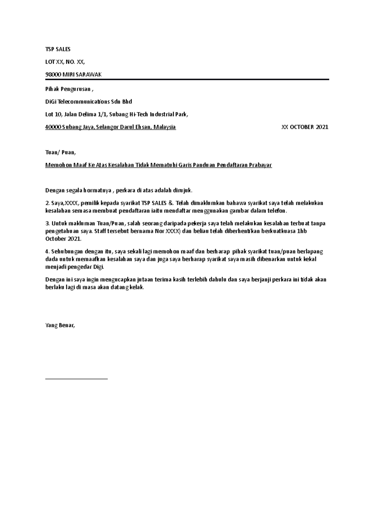TSP letter - TSP SALES LOT XX, NO. XX, 98000 MIRI SARAWAK Pihak ...