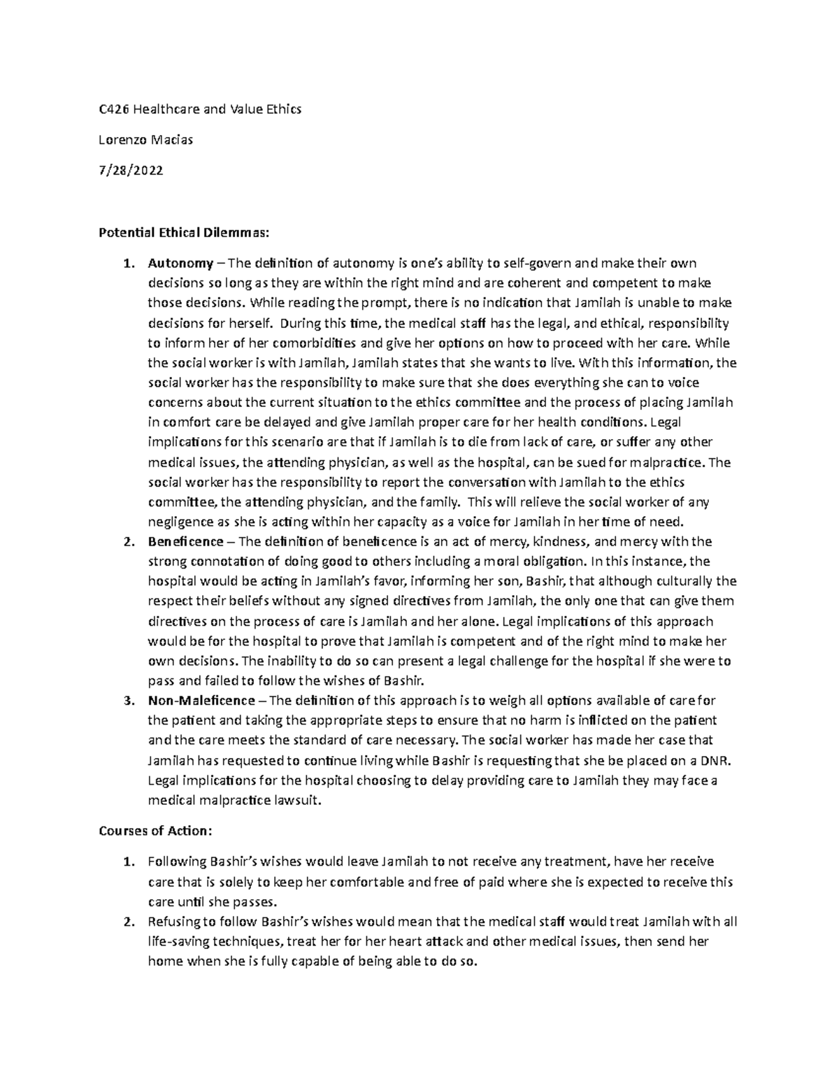 C426 task attempt 1 - Essay for C426 - C426 Healthcare and Value Ethics ...