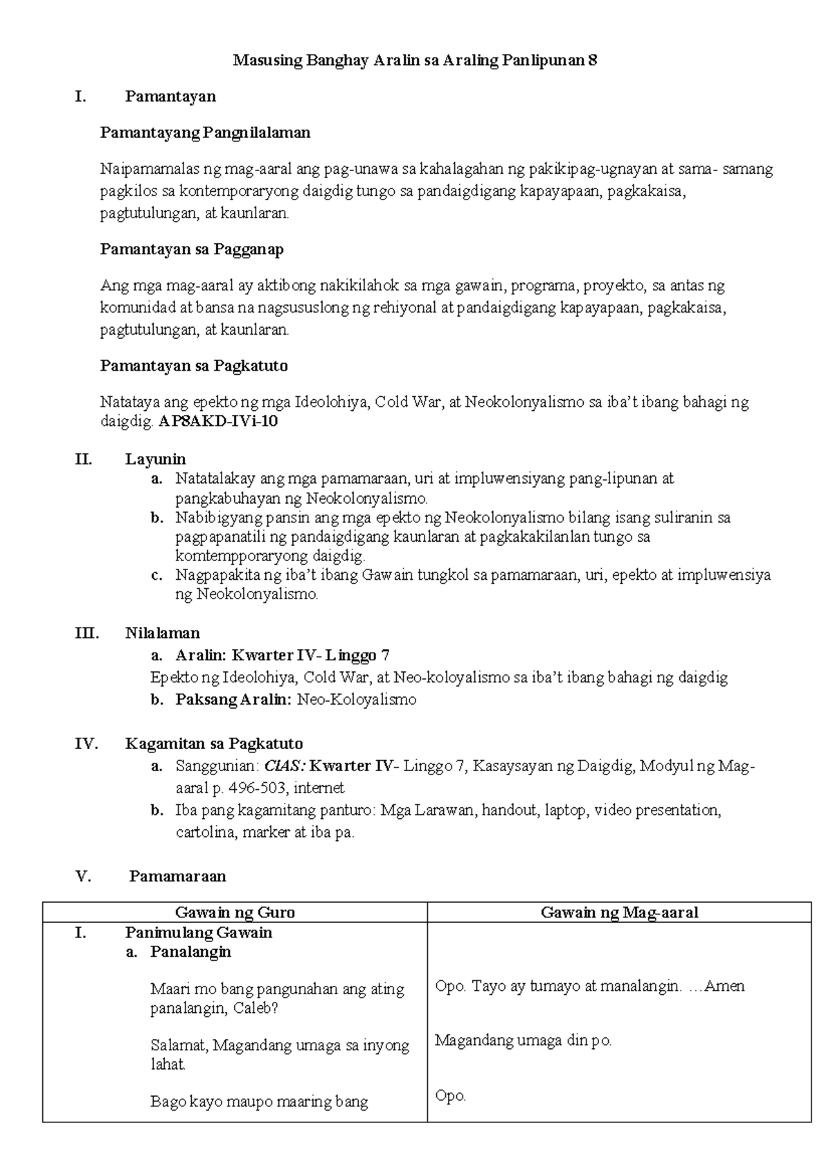 Masusing Banghay Aralin sa Araling Panlipunan 8 - Pamantayan Pamantayang Pangnilalaman ...