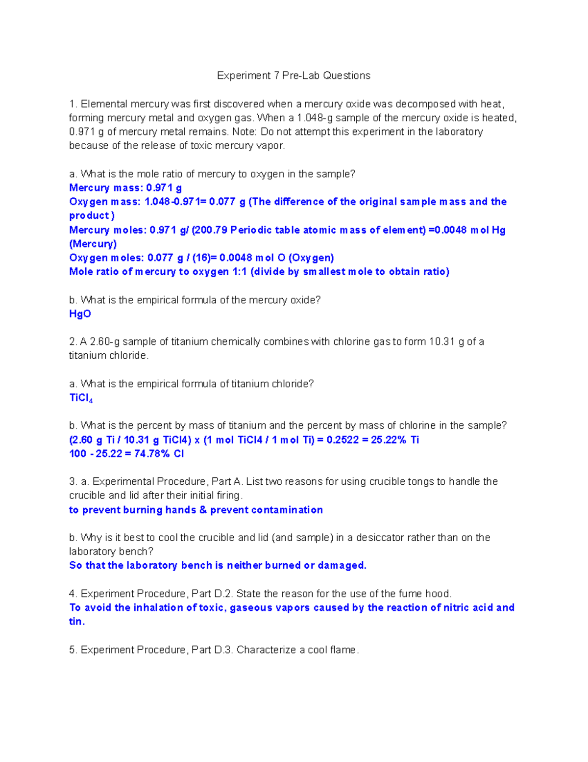 Experiment 7 Pre-Lab Questions - Experiment 7 Pre-Lab Questions Elemental mercury was first ...
