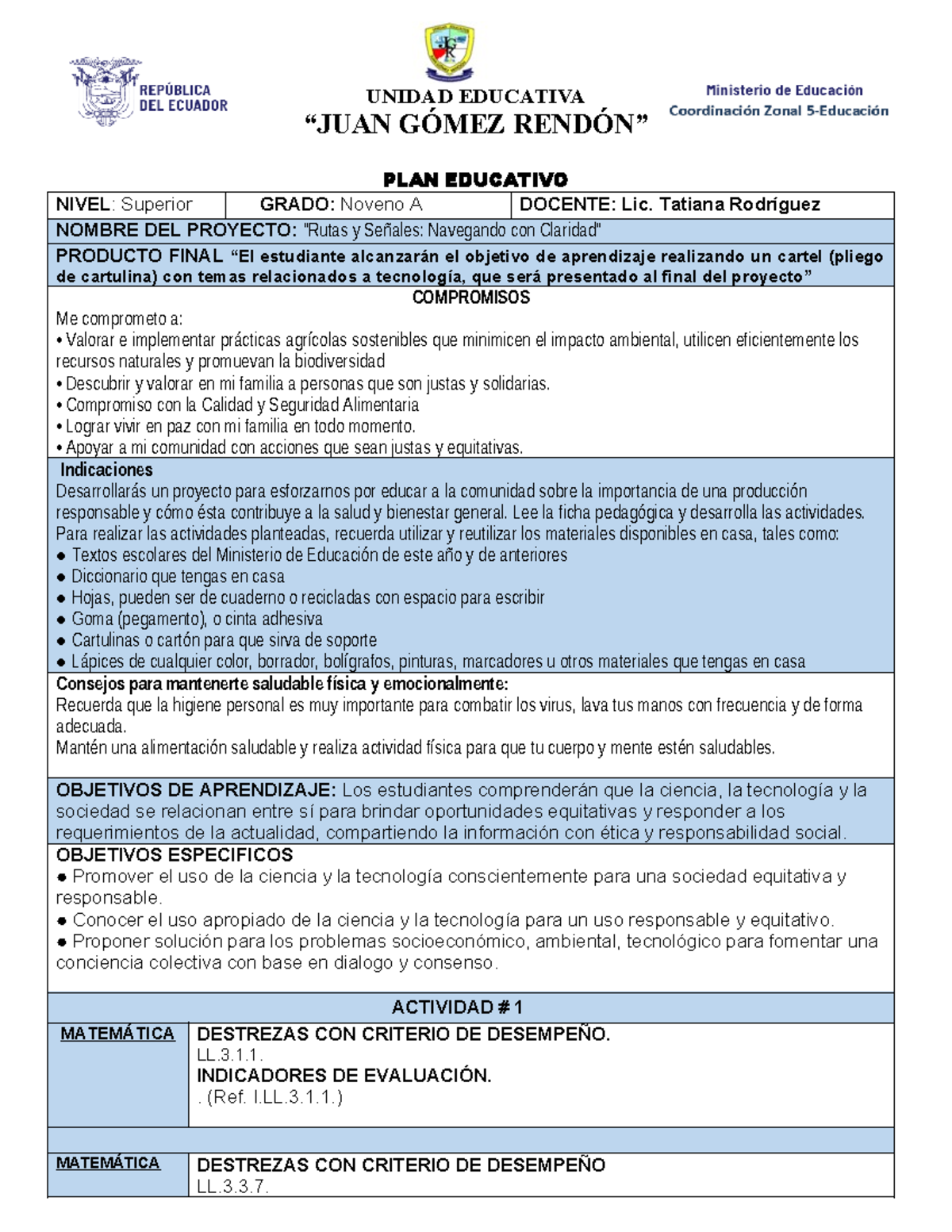 9NO AÑO DE EGB- Proyecto Educativo 2024 nuevo - UNIDAD EDUCATIVA “JUAN ...