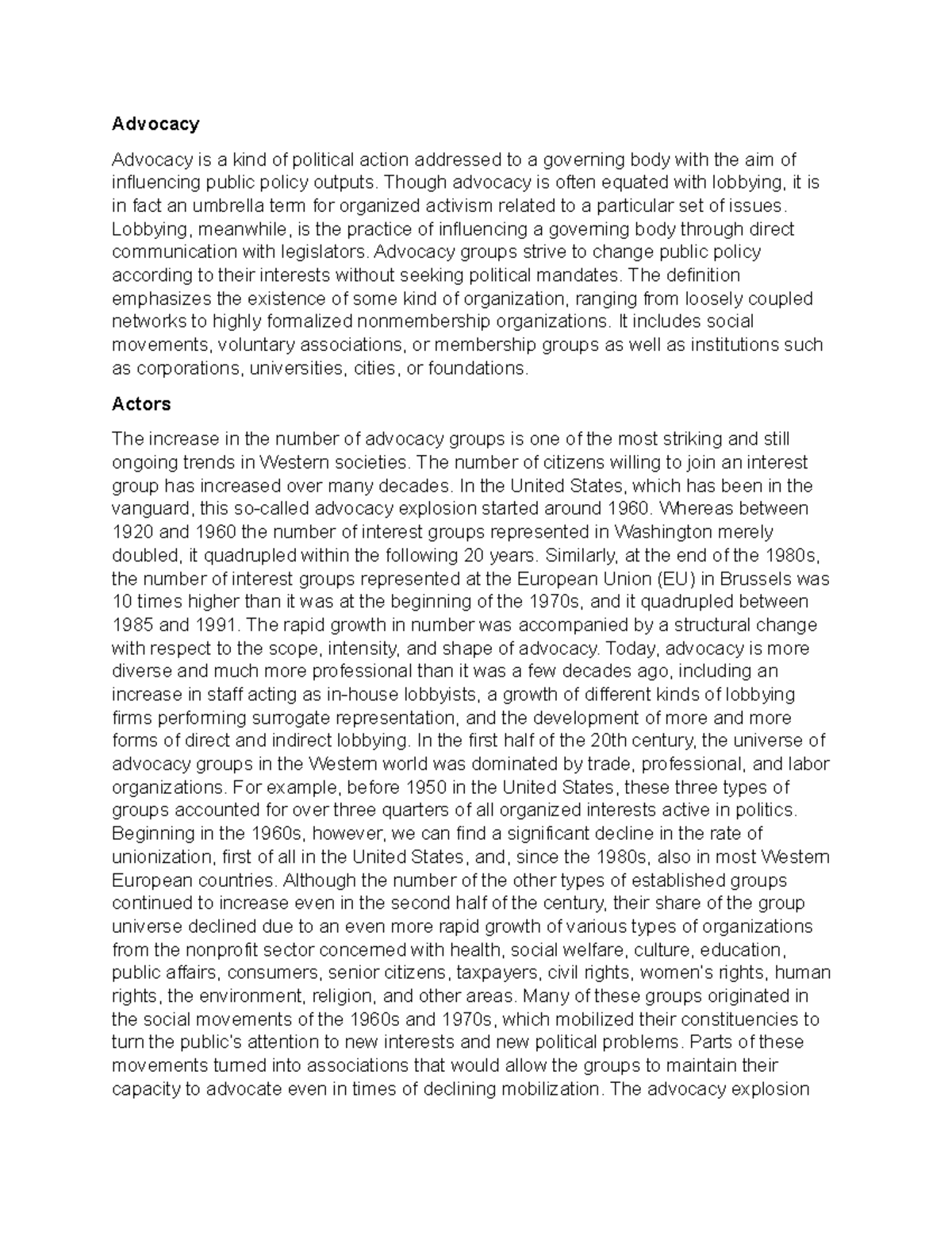 Advocacy - Advocacy Advocacy is a kind of political action addressed to ...