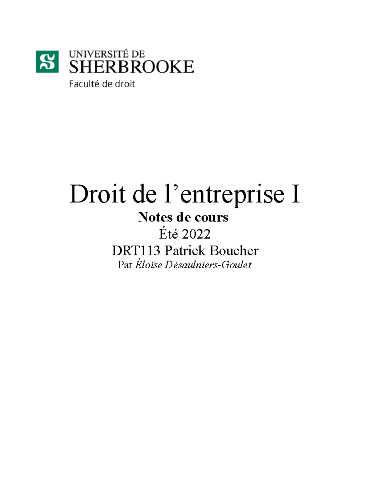 Notes de cours Entreprise I - Patrick Boucher - DRT113 - USherbrooke ...